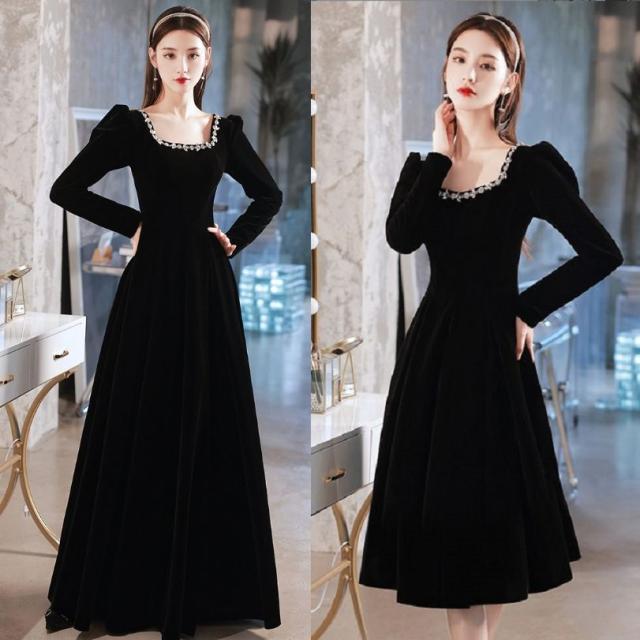 ブラックドレス ワンピース 黒 ロング マキシ 結婚式 フォーマル フレア aライン ガーリーワンピース 清楚 演奏会 発表会 レディース パーティードレス イブニングドレス 韓国 秋 冬 長袖 ロング丈 ミドル丈 可愛い ベルベット ベロア 二次会 披露宴 パワショル