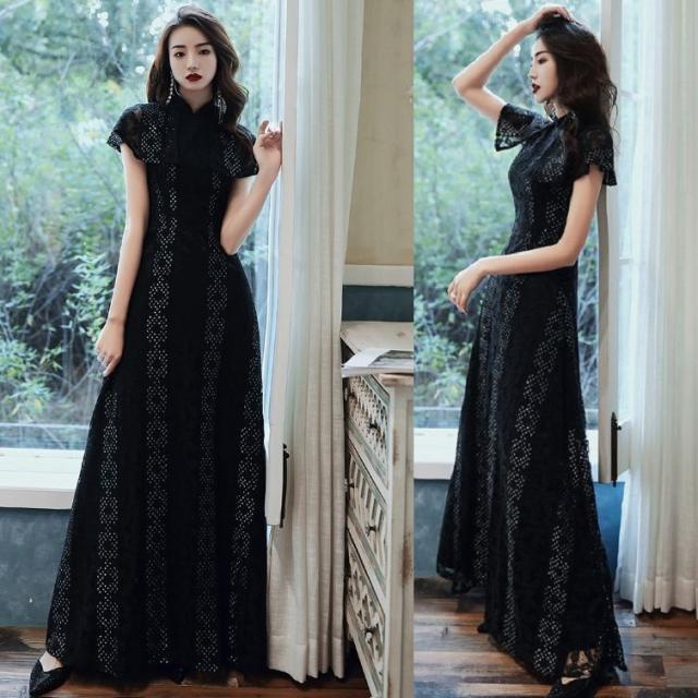 パーティードレス ロング ロングドレス 韓国 黒 結婚式お呼ばれドレス 演奏会 ドレス ブラックドレス イブニングドレス ワンピース ロング丈 マキシ丈 20代 30代 40代 レディース 総柄 マオカラー 春 夏 半袖 ミモレ丈 可愛い キャバドレス 花柄