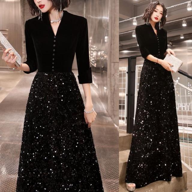 パーティードレス ロング ロングドレス 韓国 黒 結婚式お呼ばれドレス 演奏会 ドレス ブラックドレス イブニングドレス ワンピース ロング丈 マキシ丈 20代 30代 40代 レディース 春 秋 冬 長袖 可愛い Aラインドレス 高級感 二次会 披露宴 スパンコール きれいめ