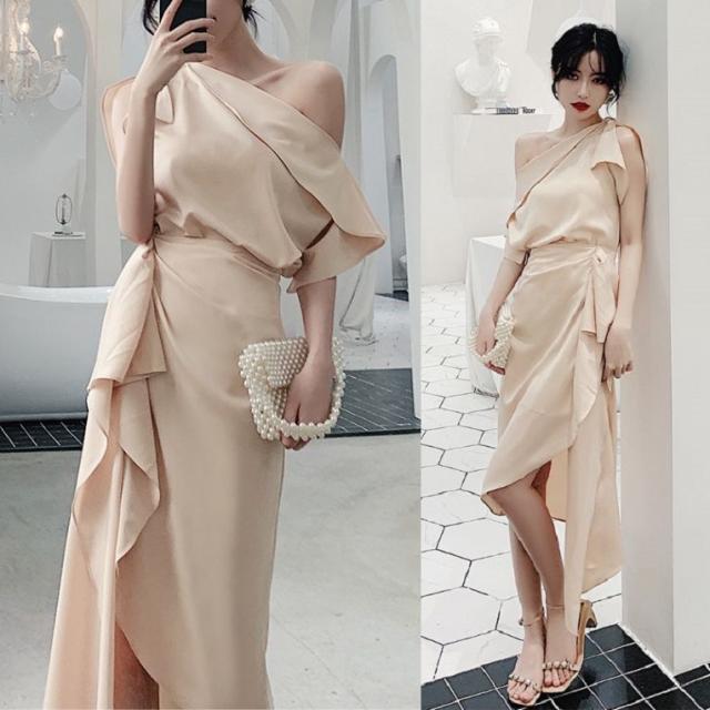 パーティードレス 韓国 セクシー キャバドレス ナイトドレス アシンメトリー アシメ カクテルドレス 黒 ワンショルダー 男ウケ 色っぽい 過激 かっこいい 個性的 ベージュ レディース 春 夏 秋 ラッフル フリル 二次会 披露宴 パーティー イブニングドレス