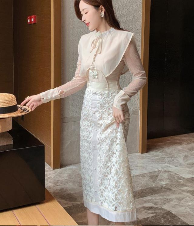 白いワンピース パーティードレス 韓国 ワンピース レースドレス 花柄