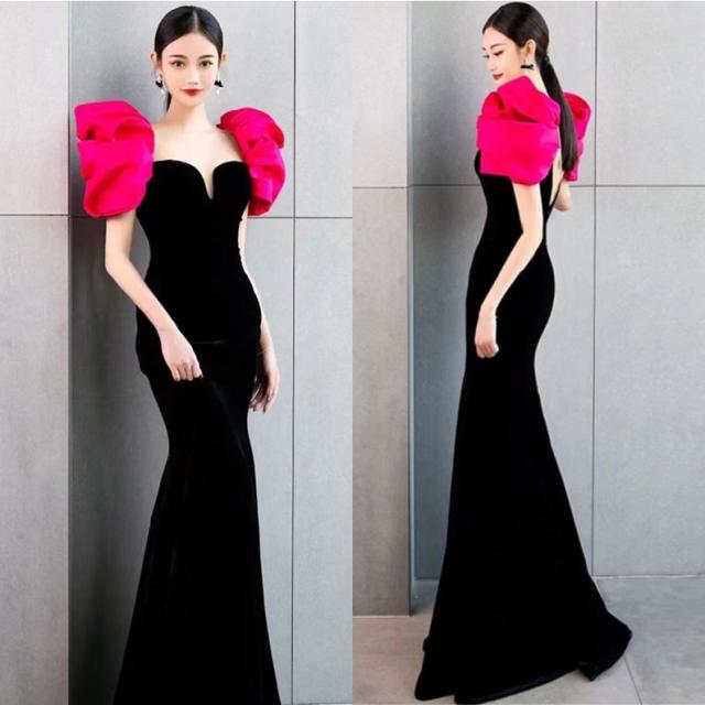 マーメイドドレス ロングドレス イブニングドレス 黒 演奏会ドレス ステージドレス  アフタヌーンドレス 結婚式ドレス パーティードレス 個性的 かっこいい レディース ワンピース 無地 パワーショルダー 春 夏 秋 冬 ノースリーブ ロング丈 可愛い 韓国  二次会 披露宴