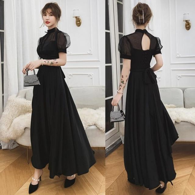 お呼ばれドレス 結婚式 ピアノ発表会ドレス 大人 演奏会ドレス 黒 パーティードレス パフスリーブドレス 背中の空いたドレス パーティードレス夏 イブニングドレス 結婚式お呼ばれドレス 個性的 ワンピース ロングワンピース 韓国 バンドカラー 半袖 ロング丈 可愛い 二次会