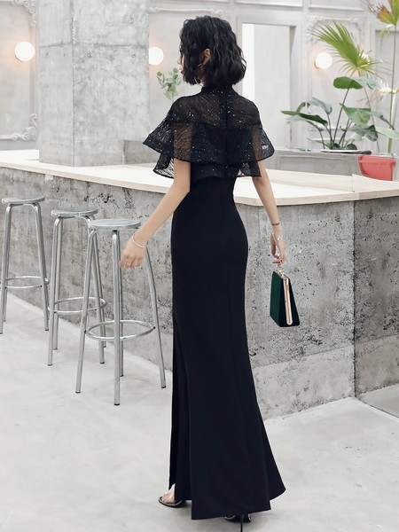 イブニングドレス 黒 結婚式お呼ばれドレス 結婚式服装 お呼ばれ服