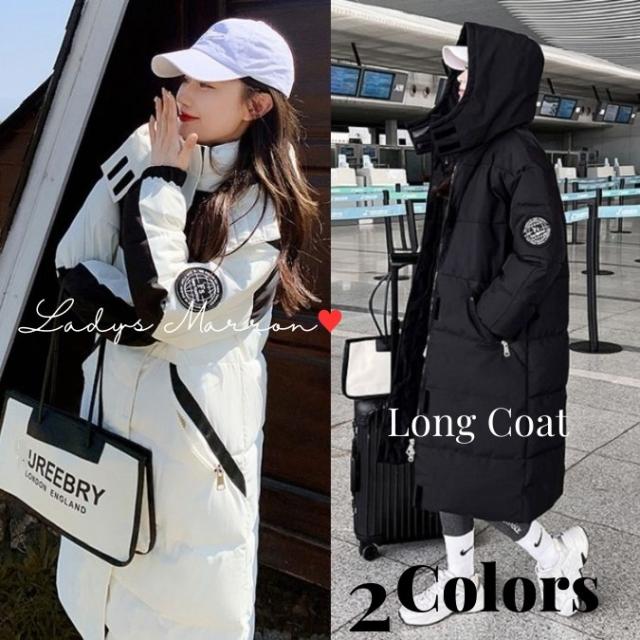 ベンチコート レディースロングダウンコート レディース ダウンコート ダウンジャケット 中綿コート ベンチコート フード付き ロングコート 中綿 無地 冬 ロング丈 可愛い ワッペン 防寒 防風 暖かい 通勤 細見え 前開き シンプル カジュアル 大人 厚手