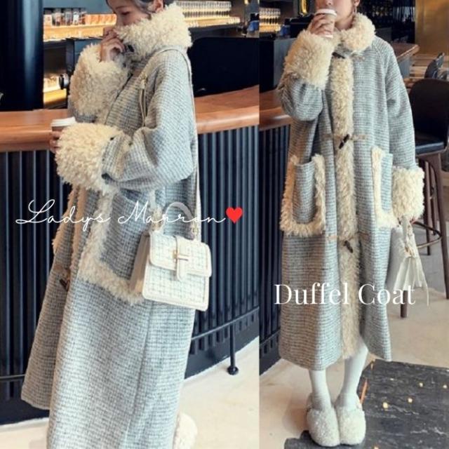 チェックコート ダッフルコート レディース ブルー ロング かわいい ボア 大人 40代 アウター 秋冬コート 韓国 チェック柄 スタンドカラー 秋 冬 長袖 可愛い ロングコート カジュアル 厚手 防寒 暖かい ゆったり オーバーサイズ 通勤 通学 旅行 フェイクウール カジュアル