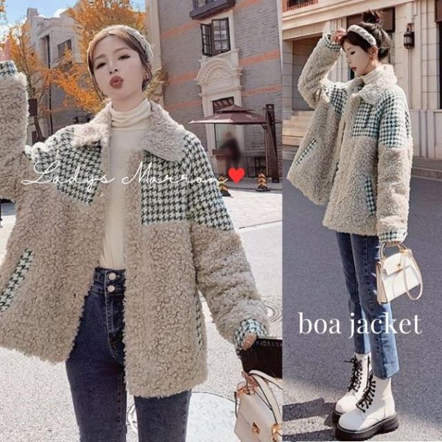 ボアジャケット ボアブルゾン レディース ボアアウター ボアコート モコモコジャケット アウター ブルゾン 韓国 もこもこ ふわふわ ふわもこ チェック柄 千鳥格子 秋 冬 長袖 可愛い 防寒 暖かい ゆったり オーバーサイズ シンプル 体型カバー ミドル丈