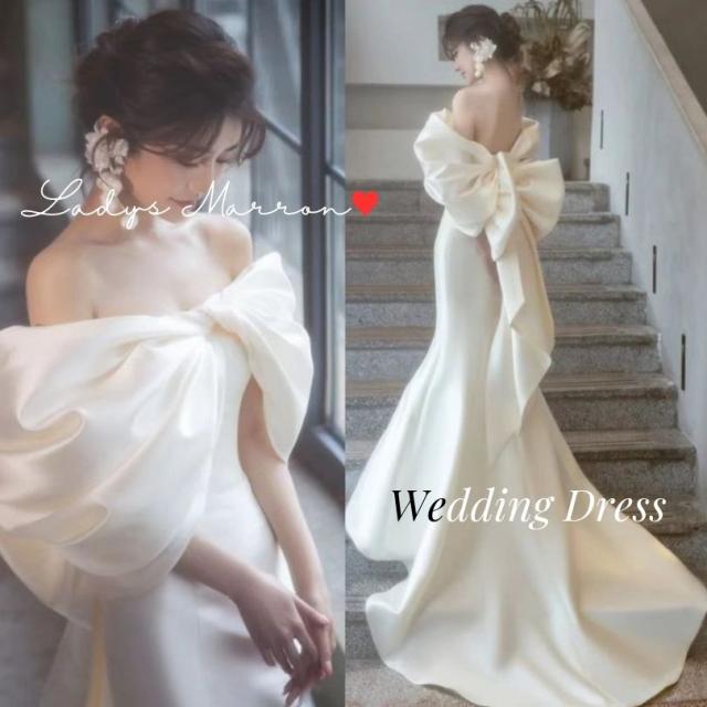 ウェディングドレス マーメイド 白 花嫁 前撮りドレス かわいい 花嫁二次会ドレス フォトウェディング 二次会ドレス 韓国 無地 オフショルダー 春 夏 秋 冬 ロング丈  可愛い 前撮り 後撮り 結婚式 海外挙式 披露宴 パーティードレス オフショルダー バックリボン