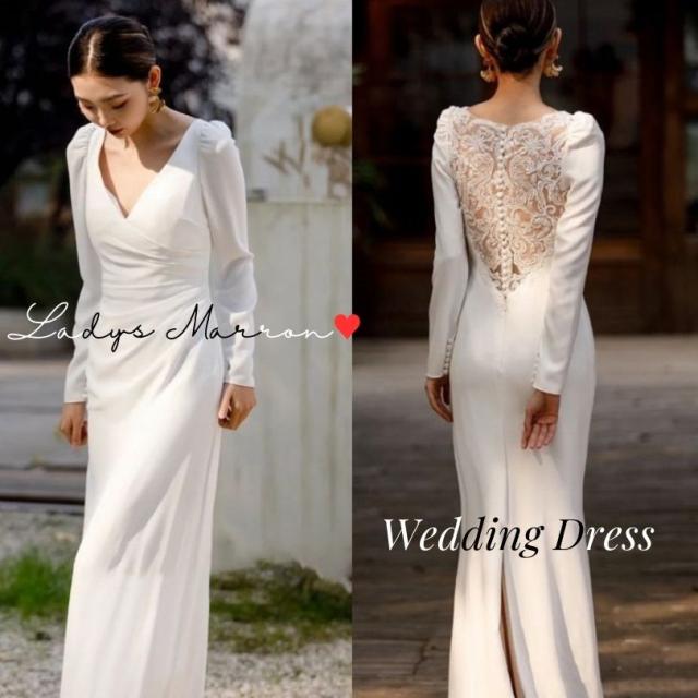 ウェディングドレス マーメイド 白 花嫁 前撮りドレス かわいい 花嫁二次会ドレス フォトウェディング 二次会ドレス 韓国 無地 花柄 Vネック 春 夏 秋 冬 ロング丈 長袖  可愛い 前撮り 後撮り 結婚式 海外挙式 披露宴 パーティードレス 袖付きドレス