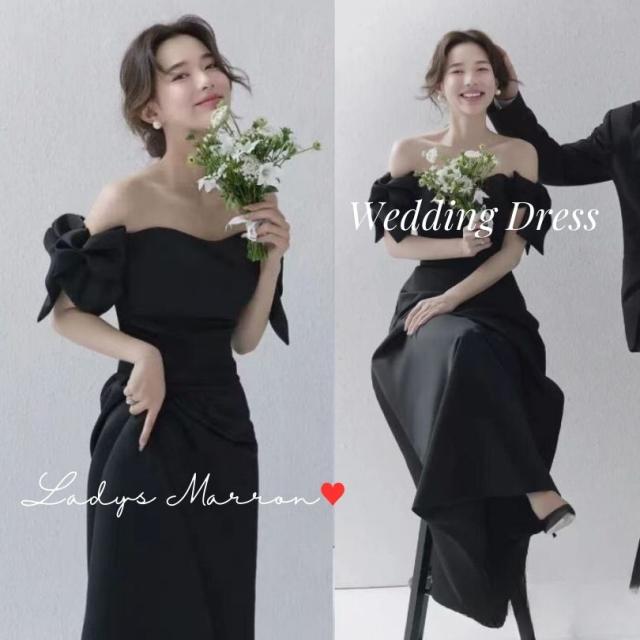 即納★サイズ交換可 ウェディングドレス 黒 前撮りドレス イブニングドレス お呼ばれドレス 結婚式 ドレス ロングドレス ウエディングドレス パーティードレス 韓国 前撮り オフショル リボン 二次会 ドレス 花嫁 ブラックドレス オフショルダー カラードレス かわいい