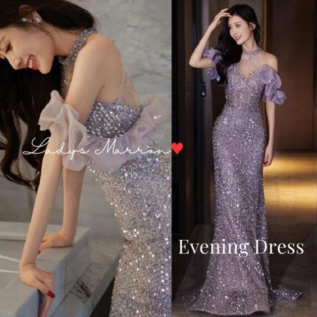 イブニングドレス スパンコールドレス オフショルドレス 夏ドレス ロングドレス パープルドレス お呼ばれドレス 結婚式 パーティードレス かっこいい 結婚式お呼ばれドレス 韓国 ホルターネック 春 夏 秋 冬 可愛い キャバドレス マーメイドドレス キラキラ