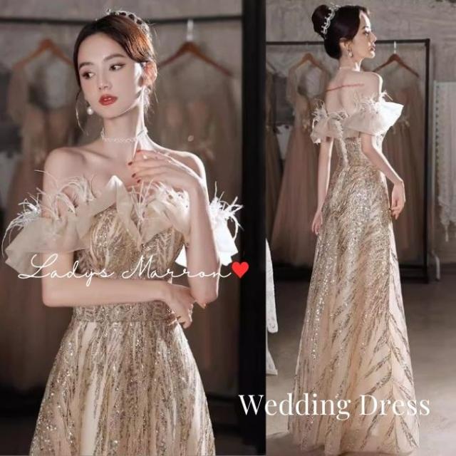 ウェディングドレス カラードレス 演奏会 ベージュドレス 前撮りドレス 花嫁 二次会 お色直しドレス フォトウェディング パーティードレス かわいい セルフ スパンコール 韓国 オフショルダー 春 夏 秋 冬 ロング丈 袖付き 可愛い結婚式 披露宴