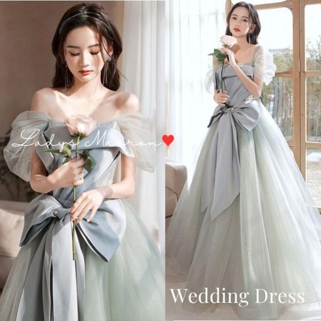 ウェディングドレス カラードレス 演奏会 グリーンドレス 前撮りドレス 花嫁 二次会 お色直しドレス フォトウェディング プリンセスドレス オフショルドレス かわいい セルフ 韓国 オフショルダー 春 夏 秋 冬 ロング丈 袖付き 結婚式 露宴