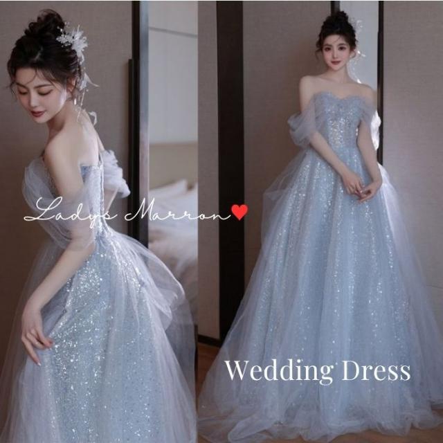 ウェディングドレス カラードレス 演奏会 ブルードレス 前撮りドレス 花嫁 二次会 お色直しドレス フォトウェディング プリンセスドレス オフショルドレス かわいい セルフ 韓国 オフショルダー ベアトップ 春 夏 秋 冬 結婚式 披露宴 パーティードレス