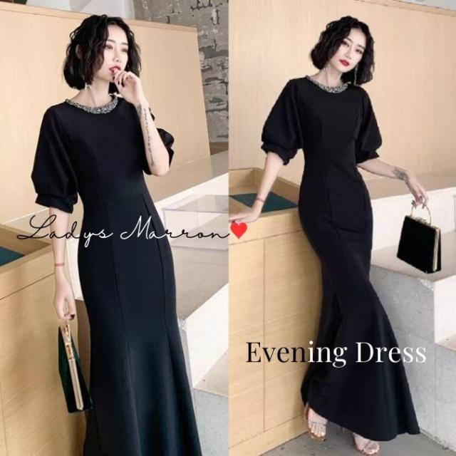 イブニングドレス 黒 お呼ばれドレス 結婚式 結婚式お呼ばれドレス オケージョンドレス ワンピース かっこいい マーメイドドレス 二次会ドレス 韓国 マザーズドレス 半袖ドレス ロングドレス ラウンドネック 春 夏 秋 冬 半袖 可愛い