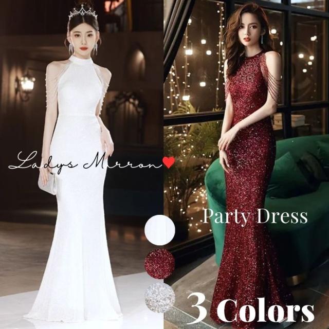 ノースリーブドレス ロングドレス 演奏会 スパンコールドレス 白ドレス 赤ドレス グレードレス イブニングドレス ホルターネックドレス パーティードレス かっこいい キャバドレス 韓国 マーメイドドレス 春 夏 秋 冬 ロング丈 可愛い スパンコール