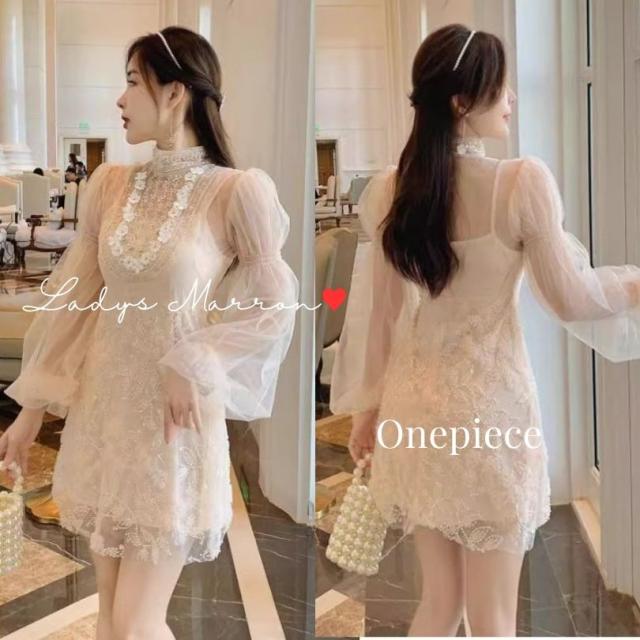 ミニドレス 白 パーティードレス お呼ばれワンピース 韓国 ドレス ホワイトドレス 花柄ドレス ガーリードレス ミニワンピース 花柄 リーフ柄 ハイネック 春 秋 長袖 ミニ丈 ショート丈 可愛い シースルー バルーン袖 ボリューム袖 花びらモチーフ