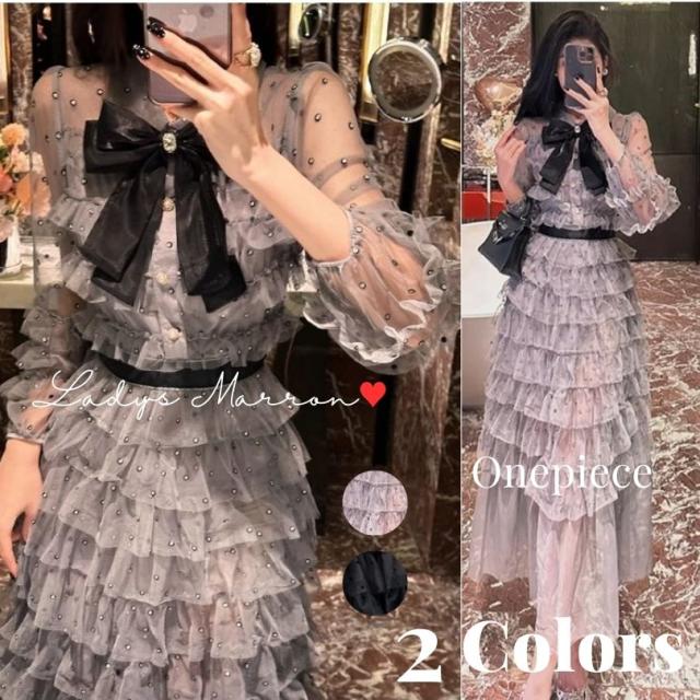 お呼ばれドレス 結婚式 お呼ばれワンピース パーティードレス 韓国 ドレス グレードレス 黒ドレス リボンドレス ティアードドレス ガーリードレス ロングワンピース ドット柄 春 秋 長袖 ロング丈 可愛い ティアードワンピース ケーキスカート シフォン