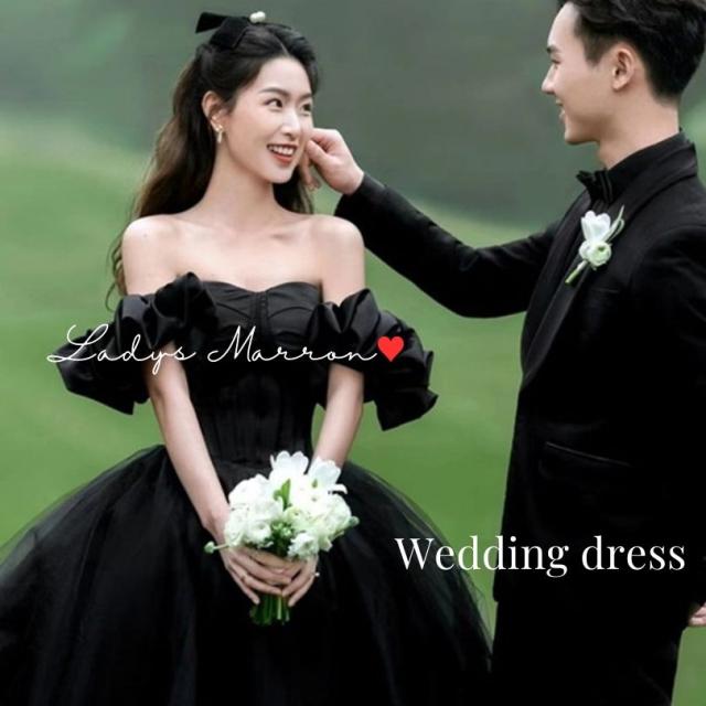 ウエディングドレス ウェディングドレス 黒 前撮りドレス ブラックドレス 二次会 花嫁 2次会 カラードレス Aライン オフショル オフショルダー ベアトップ 結婚式 プリンセスドレス 黒い 韓国 春 夏 秋 冬  可愛い 前撮り フォトウェディング
