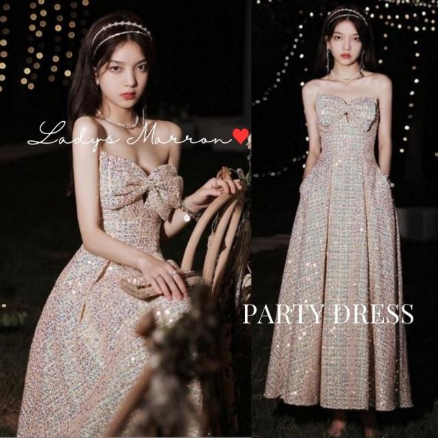 スパンコールドレス パーティードレス カラードレス ピンクドレス リボンドレス リボンワンピース ガーリードレス ガーリーワンピース ウェディングドレス 花嫁ドレス 二次会ドレス 韓国 総柄 ベアトップ 春 夏 秋 冬 可愛い フォトウェディング 結婚式