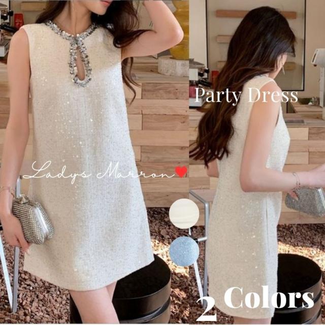 ミニドレス 白ドレスミニ 結婚式ミニドレス キャバ嬢ドレス ミニドレス可愛い スパンコールドレス ビジュードレス 夏ドレス サマードレス 夏ミニワンピ ミニワンピース パーティードレス 韓国 キーホールネック 春 夏 ノースリーブ ミニ丈