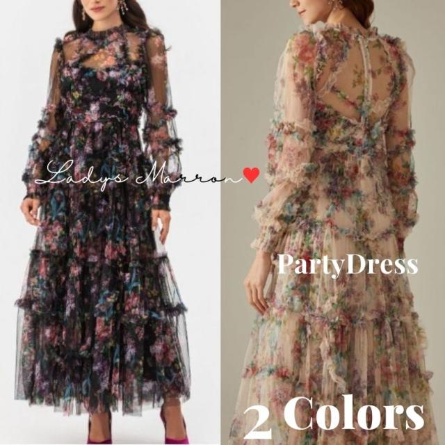 オケージョンドレス お呼ばれドレス 結婚式 パーティードレス かっこいい 個性的 韓国 結婚式お呼ばれドレス マザーズドレス 成人式ドレス 同窓会ドレス 二次会ドレス 黒ドレス ワンピース お嬢様 花柄 春 秋 長袖 ロング丈 可愛い