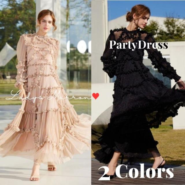 オケージョンドレス お呼ばれドレス 結婚式 パーティードレス かっこいい 個性的 韓国 結婚式お呼ばれドレス マザーズドレス 成人式ドレス 同窓会ドレス 二次会ドレス 黒ドレス ロングワンピース 春 秋 長袖 ロング丈 フリル アシンメトリー