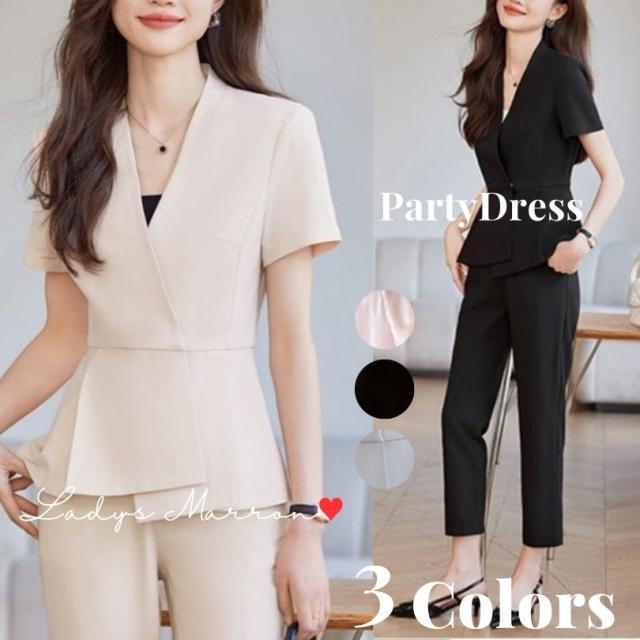 結婚式パンツドレス 結婚式パンツスタイル 結婚式パンツスーツ 結婚式ドレスパンツ 半袖 黒 20代 30代 40代 パーティードレス かっこいい お呼ばれ 結婚式セットアップ ツーピース 上下セット 夏  2点セット セミフォーマル ママスーツ