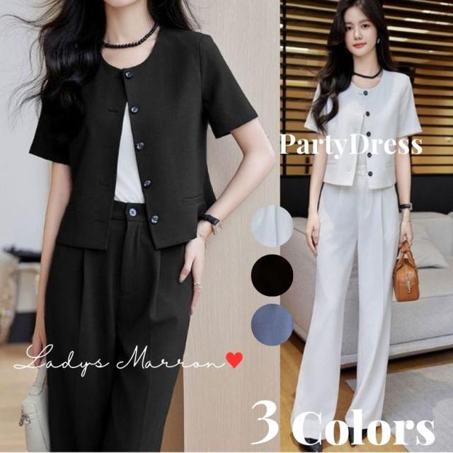 結婚式パンツドレス 結婚式パンツスタイル 結婚式パンツスーツ 結婚式ドレスパンツ 半袖 黒 白 20代 30代 40代 パーティードレス かっこいい お呼ばれ 結婚式セットアップ 夏 可愛い 2点セット サマージャケット ワイドパンツ