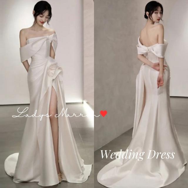 ウェディングドレス ウエディングドレス 白 前撮り ドレス マーメイド 結婚式 二次会 ドレス 花嫁 オフショルダー オフショル 袖あり 白いドレス 花嫁かわいい 花嫁二次会ドレス フォトウェディング 韓国 春 夏 秋 冬 可愛い サテン