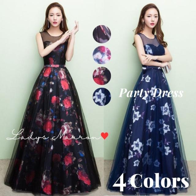 花柄ドレス イブニングドレス ロングドレス お呼ばれドレス 結婚式 ドレス パーティードレス 韓国 マザーズドレス 結婚式ドレス 二次会ドレス 同窓会ドレス 成人式ドレス 花柄 春 夏 秋 冬 ロング丈 ノースリーブ 可愛い カラードレス