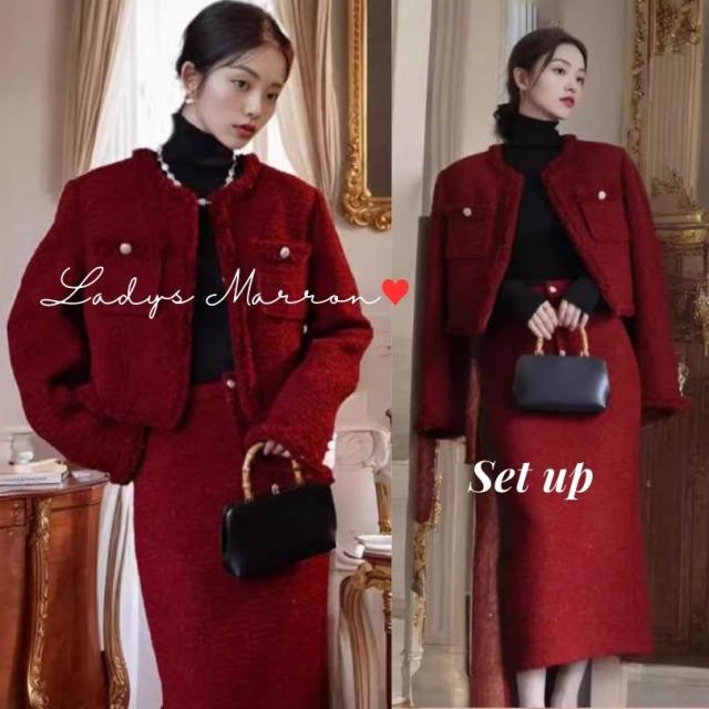 ツイード セットアップ 韓国 ジャケット スカート 成人式 同窓会 服 服装 二次会 冬 赤 かわいい 上下セット 2点セット ツーピース 無地 ノーカラー 秋 長袖 ロング丈 可愛い ツイードワンピース ワンピース ノーカラージャケット ロングスカート