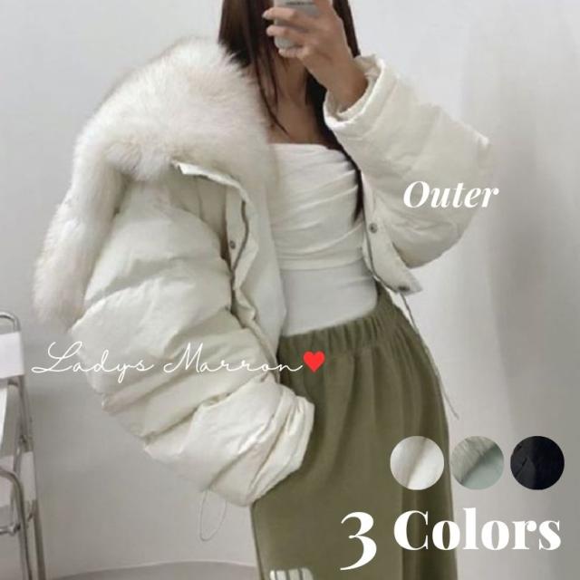 ショートダウン レディース ショート丈ダウン 白ダウン ファーダウン ダウンジャケット 黒 白 きれいめ ショート ダウンコート ダウン 冬 ファー付きダウンコート アウター 韓国 無地 ビッグ襟 ビッグカラー 長袖 可愛い 暖かい