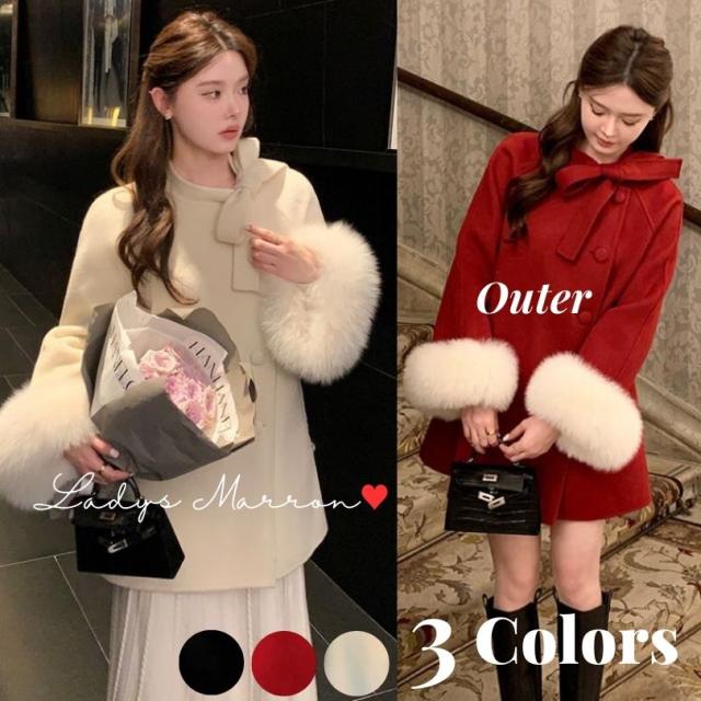 ケープコート レディース 可愛い ポンチョコート アウター 冬 マントコート ボア ファーコート ファーアウター ファーコートレディース ジャケット 白コート 白いコート 黒コート 赤コート ウールコート 韓国 リボン 長袖 お嬢様コート