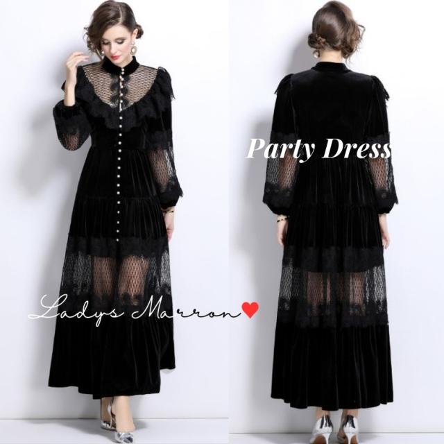 お呼ばれドレス 結婚式 黒いワンピース 黒いドレス パーティードレス 韓国 総レースワンピース 黒レースワンピース 20代 30代 40代 プチプラ パーティーワンピース 結婚式ドレス ロングワンピース 春 秋 冬 長袖 ロング丈 可愛い