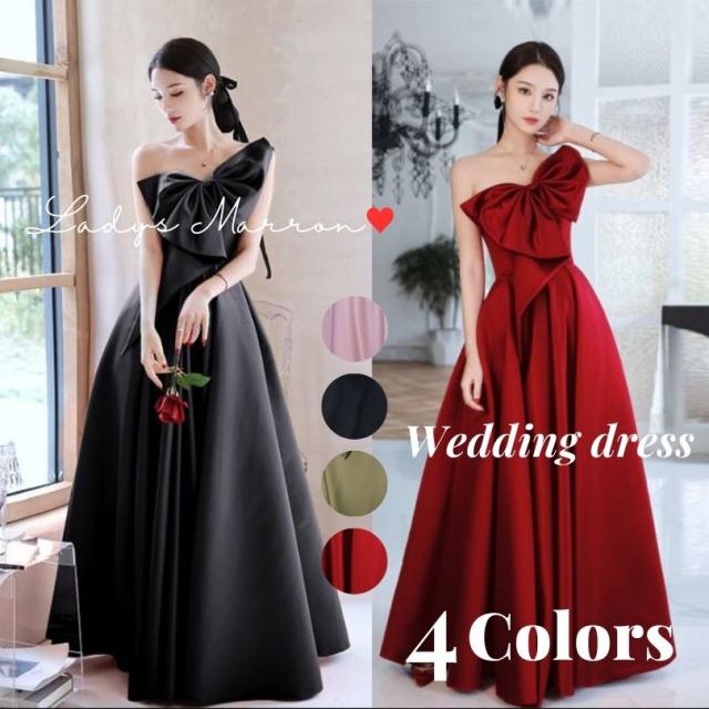 ワンショルダードレス イブニングドレス ウェディングドレス ウエディングドレス レッド 赤 黒 ピンク 前撮り ドレス カラードレス 演奏会 二次会 花嫁 ロング 前撮りドレス オフショル 結婚式 ドレス 韓国 春 夏 秋 冬 可愛い フォトウェディング