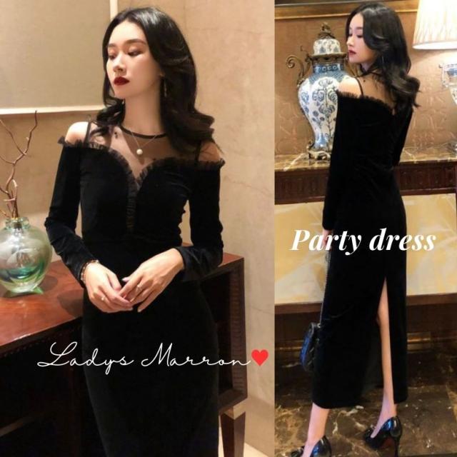 スリットドレス 結婚式タイトドレス オフショルドレス フリルドレス 黒ドレス 同窓会ドレス 成人式ドレス お呼ばれドレス 結婚式 黒ワンピース パーティードレス 韓国 黒タイトロングドレス ロングドレス イブニングドレス 春 夏 秋 冬