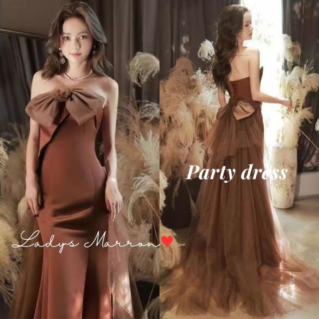 ウェディングドレス カラードレス 演奏会 前撮りドレス パーティードレス 胸元リボン ドレス 花嫁 二次会 お色直しドレス フォトウェディング プリンセスドレス オフショルドレス イブニングドレス 韓国 ベアトップ 春 夏 秋 冬 ロング丈