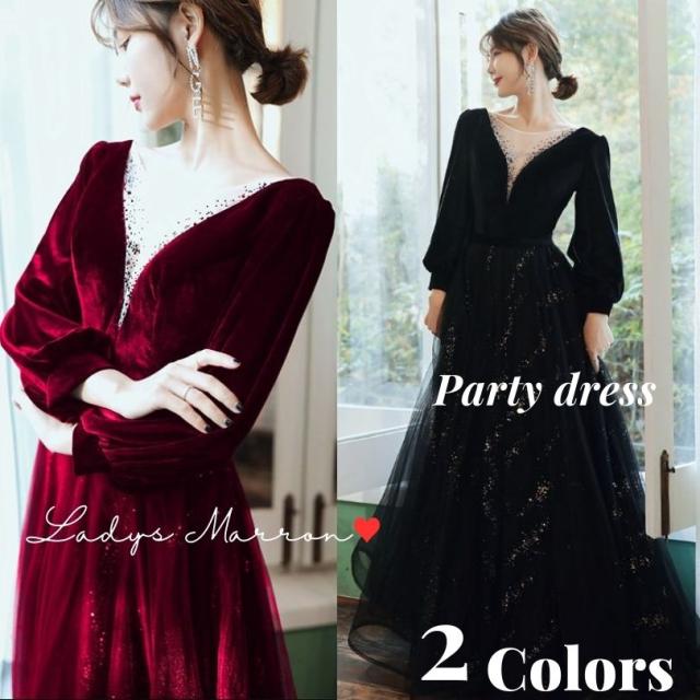 パーティードレス 冬 ベロアドレス ベルベットドレス ロングドレス イブニングドレス 成人式 同窓会 二次会 ドレス 結婚式お呼ばれドレス 結婚式服装 お呼ばれドレス 結婚式 韓国 花柄 春 秋 長袖 ロング丈 可愛い カラードレス