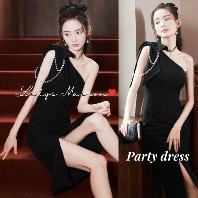 ワンショルダードレス キャバ嬢ドレス パーティドレス 韓国 タイト パールドレス ノースリーブドレス 黒ドレス キャバドレス リボンドレス タイトドレス パーティードレス ミディアム カクテルドレス ワンショルダー 春 夏 秋 冬 ミディアム丈