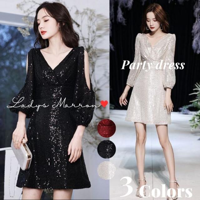 スパンコールドレス キラキラドレス ミニドレス パーティドレス ミニ ラメドレス キャバ嬢ドレス 肩見せドレス 成人式 同窓会 二次会 ドレス 結婚式お呼ばれドレス ミディアム カクテルドレス 韓国 春 秋 冬 長袖 ビジュー キラキラ