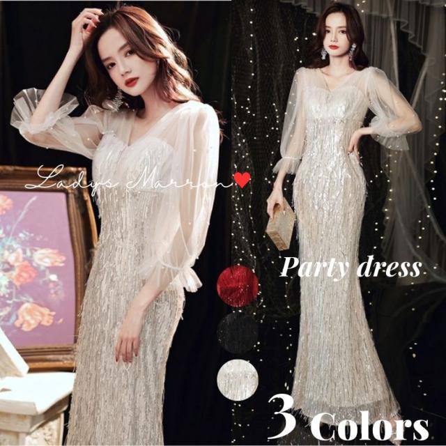 スパンコールドレス イブニングドレス 黒 キラキラドレス ロングドレス パーティードレス ブラックドレス 成人式 同窓会 二次会 ドレス 結婚式お呼ばれドレス 韓国 春 夏 秋 冬 七分袖 可愛い スパンコール キラキラ バルーン袖