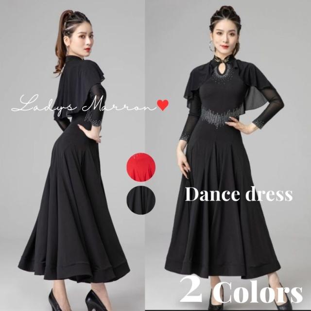パーティードレス 社交ダンスドレス 社交ダンス衣装 黒 赤 スタンダード レディース 社交ダンスワンピース ステージ衣装 舞台衣装 ダンスドレス ダンスウェア 競技用のドレス フラメンコ ワルツ モダンドレス タンゴ ロングドレス