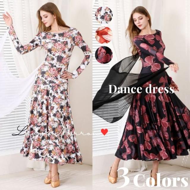 パーティードレス 社交ダンスドレス 社交ダンス衣装 花柄 スタンダード レディース 社交ダンスワンピース ステージ衣装 舞台衣装 ダンスドレス ダンスウェア 競技用のドレス フラメンコ ワルツ  モダンドレス タンゴ ロングドレス