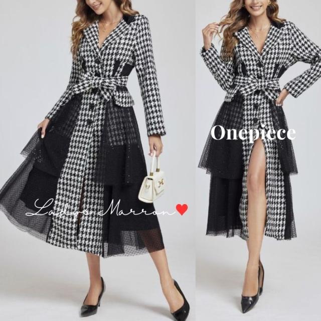 チェックワンピース チェック柄ワンピース 千鳥格子 韓国 黒 トレンチワンピース カジュアルワンピース レディース 切り替えワンピース アウターワンピース ロングワンピース 千鳥格子柄 チェック柄 ドット柄 冬 長袖 ロング丈 可愛い