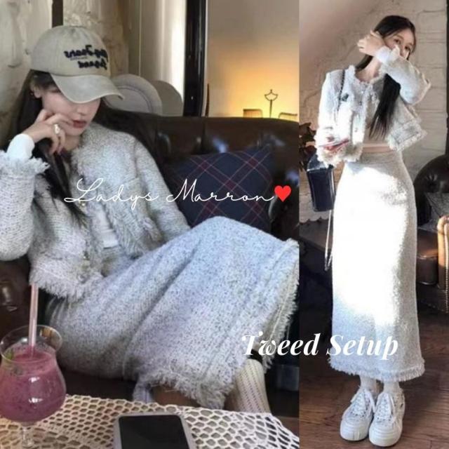 ツイードセットアップ 韓国 レディース ツイードジャケット ツイードスカート ツイードワンピース 秋 冬 ロング グレー 服装 ママスーツ 七五三 お宮参 ツーピース チェック柄 春 長袖 ロング丈 可愛い ロングスカート ハイウエスト