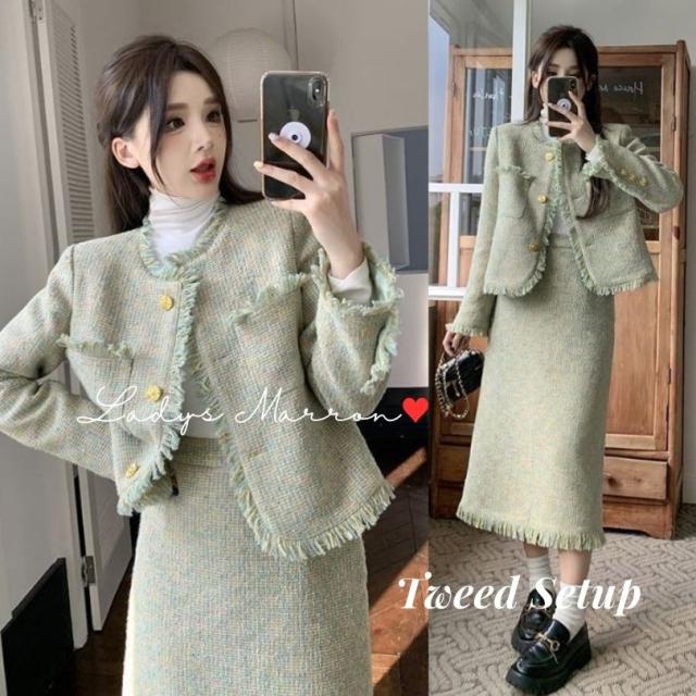 ツイードセットアップ 韓国 レディース ツイードジャケット ツイードスカート 秋 冬 セレモニースーツ セレモニーセットアップ レディース 入学式スーツ 入園式スーツ 黒 灰色 入学式 卒業式 ママ 母親 入園式 卒園式 ママスーツ 服 服装