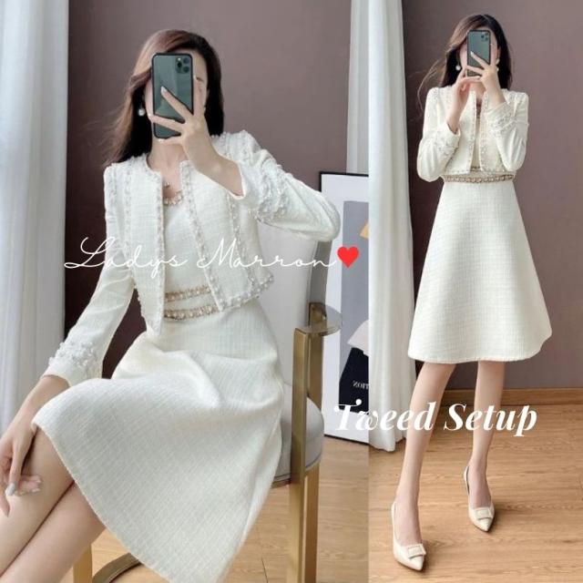 ツイードセットアップ 韓国 レディース ツイードジャケット ツイードワンピース 秋 冬 セレモニースーツ セレモニーセットアップ レディース 入学式スーツ 入園式スーツ 白 入学式 ママ 母親 入園式 ママスーツ 服 服装 韓国  春 長袖 ロング
