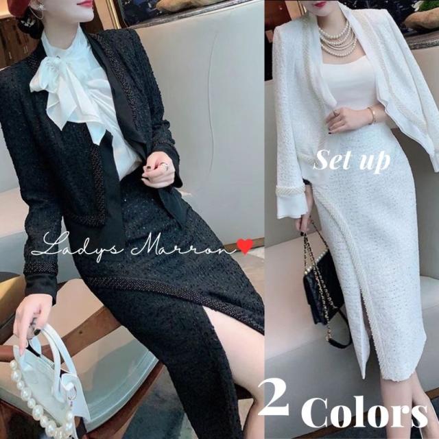 ツイードセットアップ 韓国 レディース ツイードジャケット ツイードスカート 秋 冬 セレモニースーツ セレモニーセットアップ レディース 卒業式スーツ 卒園式スーツ 入学式スーツ 入園式スーツ 黒 白 入学式 卒業式 ママ 母親 入園式 卒園式