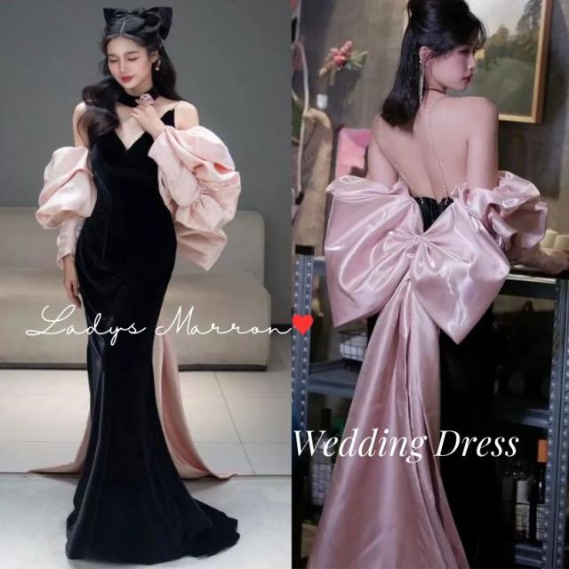 ウェディングドレス ウエディングドレス バックリボン イブニングドレス バックリボンドレス ロングドレス お色直し 黒 前撮りドレス マーメイド 結婚式マーメイドドレス オフショル オフショルダー パーティドレス カラードレス 韓国